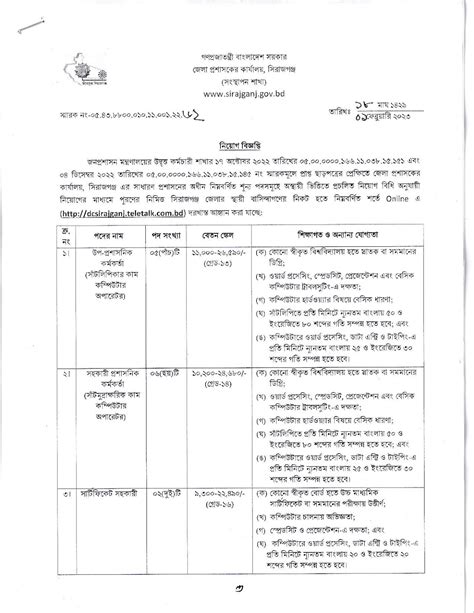জেলা প্রশাসকের কার্যালয় সিরাজগঞ্জ নিয়োগ বিজ্ঞপ্তি ২০২৩