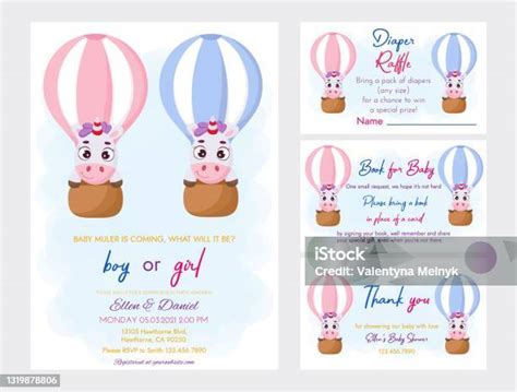 기저귀 추첨을 가진 베이비 샤워 인쇄 파티 초대 카드 템플릿 아기 소년 또는 소녀 아기를위한 책과 감사합니다 카드 뜨거운 열기구에 비행 귀여운 마법의 유니콘 세트 초대 세트