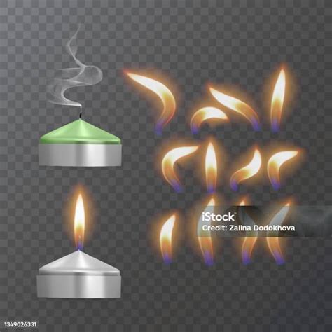 현실적인 파라핀 또는 왁스 불타는 촛불과 촛불의 다른 불꽃 투명성 배경에 고립 된 클로즈업 디자인 템플릿 벡터 일러스트레이션