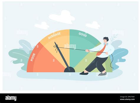 Businessman Pushing Speedometer Scale To Good Values With Effort Stock