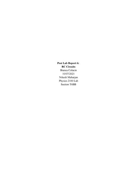 Rc Circuit Lab Report Post Lab Report 6 Rc Circuits Bianca Colacin