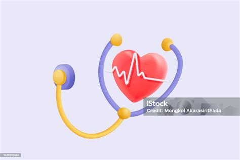 맥박과 청진기가 있는 3d 빨간 심장 건강한 생활 습관 맥박 측정 심장 지원 의료 의료를위한 심장 박동 또는 심전도 3d 청진기 벡터 아이콘 렌더링 그림 3차원 형태에 대한