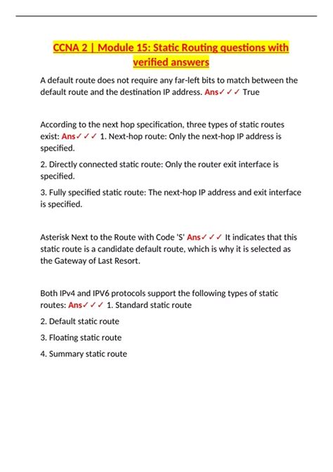 Ccna 2 Module 15 Static Routing Questions With Verified Answers Ipv4 And Ipv6 Routing