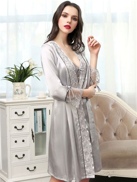 Grey 34 Sleeves Alluring V Neck Two Piece Silk Nightgown And Robe Set