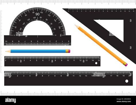 Black Ruler Measuring Scale Protractor And Pencil Isolated On White