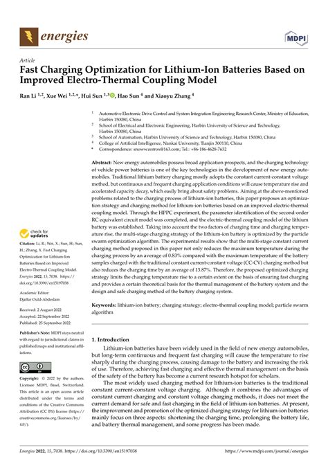 PDF Fast Charging Optimization For Lithium Ion Batteries Based On Improved Electro Thermal