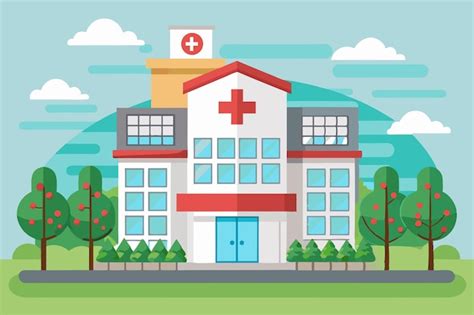 A Cartoon Illustration Of A Hospital With A Red Cross On The Top Of The