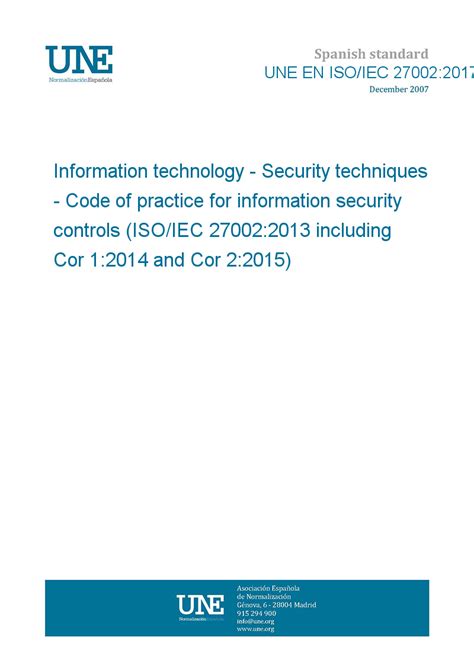 UNE EN ISO IEC 27002 2017 Information Technology Security Techniques Code Of Practice For
