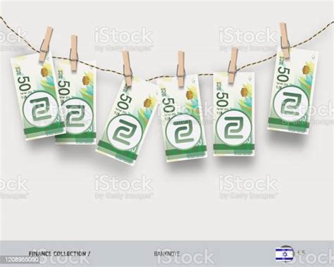 젖은 50 이스라엘 뉴 셰켈 지폐는 옷 핀부착 밧줄에 매달려 자금 세탁 개념 더러운 돈 플랫 스타일 벡터 그림입니다 50에 대한