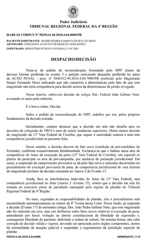 Presidente Do Trf 4 Decide Manter Lula Preso Empório Do Direito
