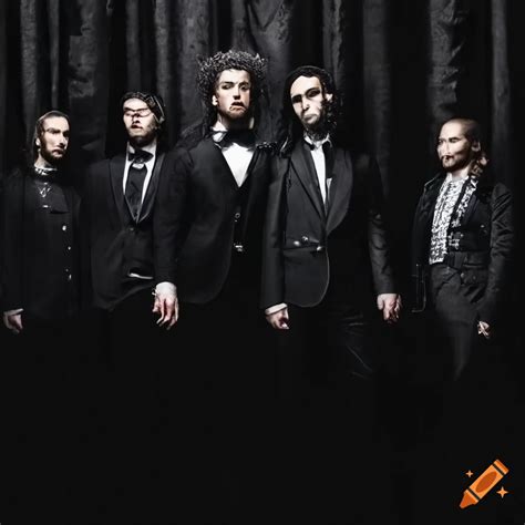 Rock Band In All Black Suits In Front Of An Old Black Curtain On Craiyon