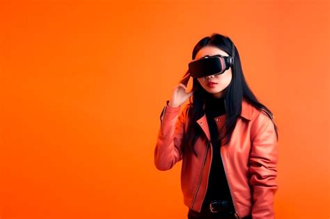 Premium Ai Image Young Woman Wearing Virtual Reality Simulator On