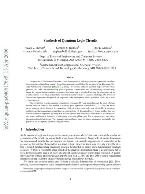 Quantum Logic Circuit Synthesis Techniques Pdf Matrix Mathematics