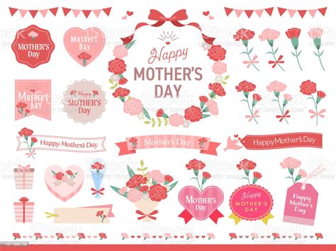 Illustration Set Of Mothers Day Carnations And Ribbon Frame Stock