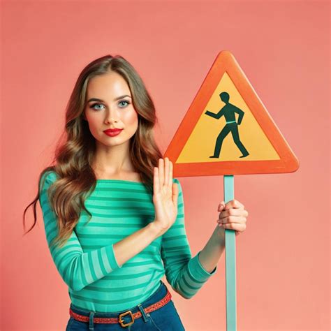 A Young Woman Holding A Traffic Signal Sign Premium Ai Generated Image