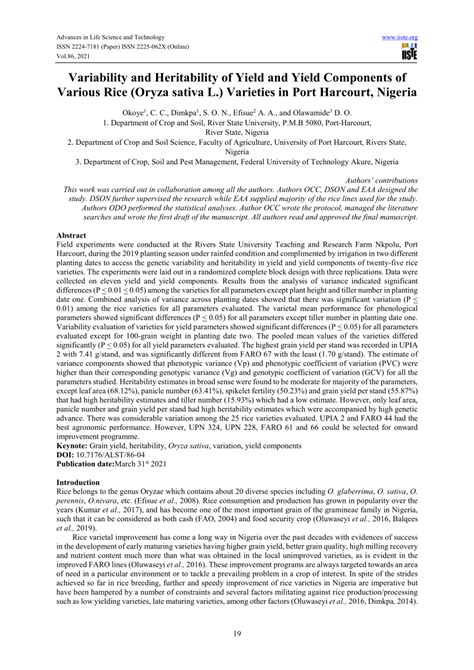 Pdf Variability And Heritability Of Yield And Yield Components Of Various Rice Oryza Sativa L