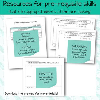 Solving Quadratic Equations Unit Differentiated Notes Worksheets Activities Test