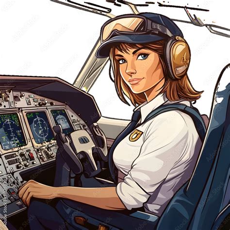Cartoon Illustration Of A Female Pilot In An Airplane Cockpit White Or