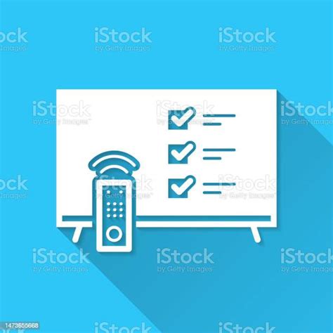 체크리스트가 있는 Tv 파란색 배경에 아이콘 긴 그림자가 있는 평면 디자인 3차원 형태에 대한 스톡 벡터 아트 및 기타 이미지