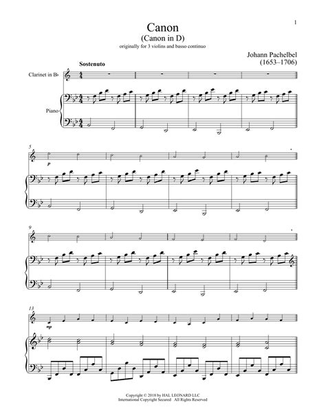 Canon In D By Johann Pachelbel Sheet Music For Clarinet And Piano At