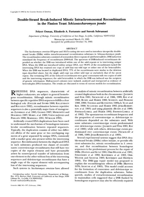 Pdf Double Strand Break Induced Mitotic Intrachromosomal Recombination In The Fission Yeast