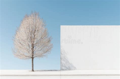 Minimalist Landscape With Bare Tree And Modern White Wall Under Clear
