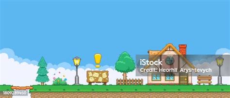 다채로운 간단한 벡터 픽셀 아트 가로 그림 만화 퀘스트 게시판 집 근처 복고풍 비디오 게임 플랫포머 레벨 스타일 픽셀 아트에 대한 스톡 벡터 아트 및 기타 이미지 Istock