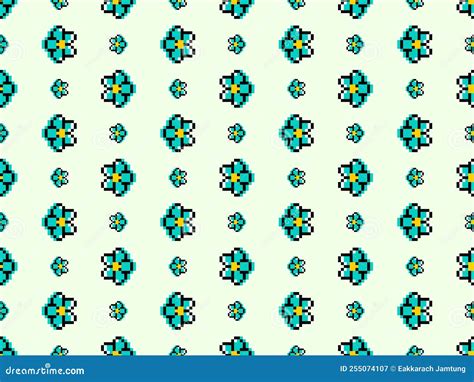 Flower Seamless Pattern On Green Background Pixel Style Stock Vector