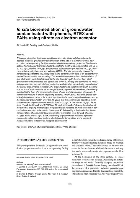 Pdf In Situ Bioremediation Of Groundwater Contaminated With Phenols Btex And Pahs Using
