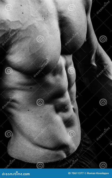 Closeup Of Cool Perfect Strong Sensual Bare Torso With Abs Pectorals 6 Pack Muscles Chest Black