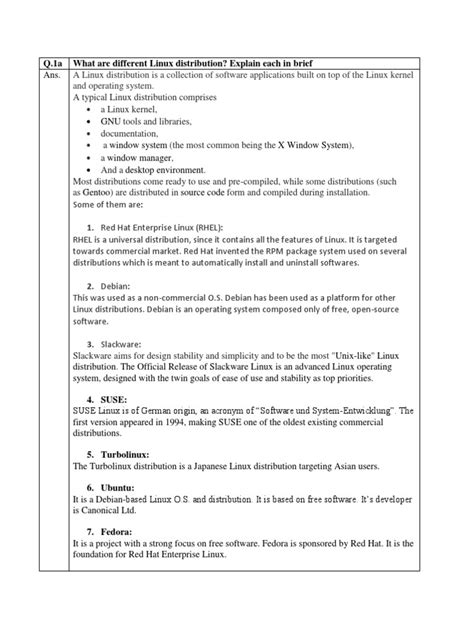 q 1a what are different linux distribution explain each in brief pdf