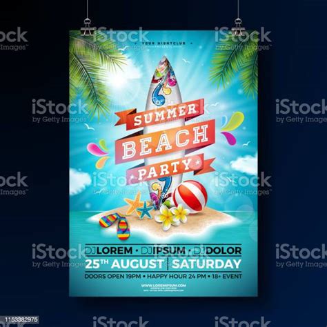 꽃 비치 볼 및 서핑 보드와 여름 해변 파티 전단지 디자인입니다 벡터 여름 자연 꽃 요소 열 대 식물과 푸른 흐린 하늘 배경에 인쇄 상의 요소 배너 전단지 초대장 포스터에