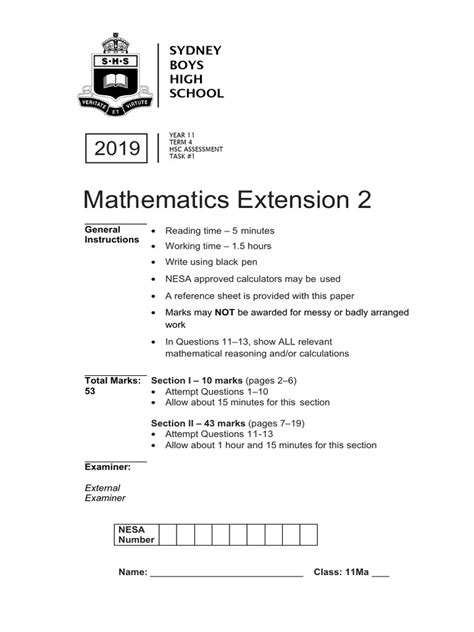Sbhs 2019 Me 2 Hsc Task 1 Pdf Multiple Choice Complex Number
