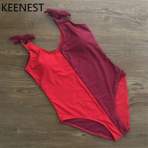 Keenest Red One Piece Swimsuit Color Push Up Monokini Steel Buckle