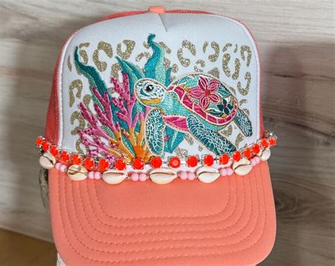 Beachy Turtle And Coral Trucker Hat Patch Hat Trucker Hat Patch Hat