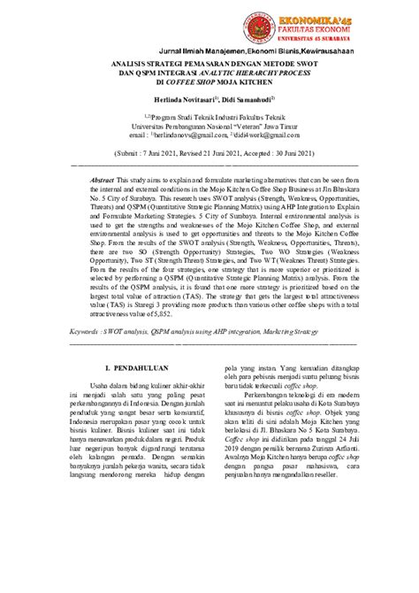 Pdf Analisis Strategi Pemasaran Dengan Metode Swot Dan Qspm Integrasi Analytic Hierarchy