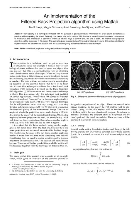 pdf an implementation of the filtered back projection algorithm using