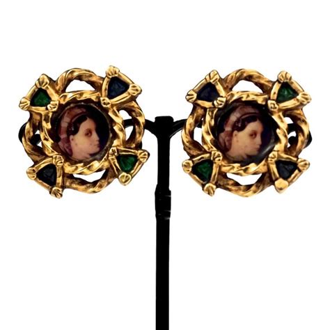 Vintage Frederic Volle Paris Portrait Cameo Earrings Gem