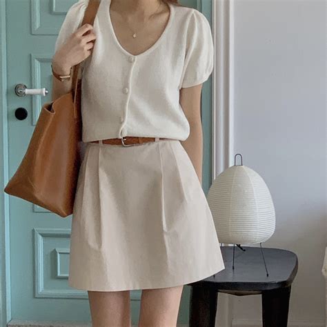 파스텔 컬러 코튼 퍼프 반팔 U넥 가디건 니트 에이블리