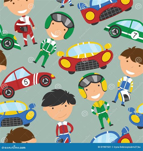 Vector Collection Of Racing Drivers And Sport Cars Seamless Pattern