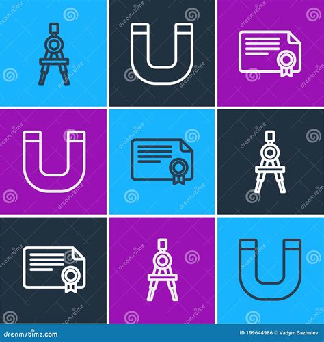 Set Line Drawing Compass Certificate Template And Magnet Icon Vector Stock Vector