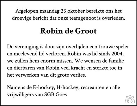 Robin De Groot 23 Oktober 2023 • Overlijdensbericht En Condoleances Mensenlinq
