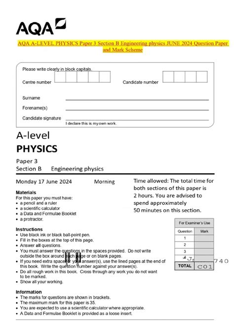 AQA A LEVEL PHYSICS Paper Section B Engineering Physics JUNE Question Paper And Mark