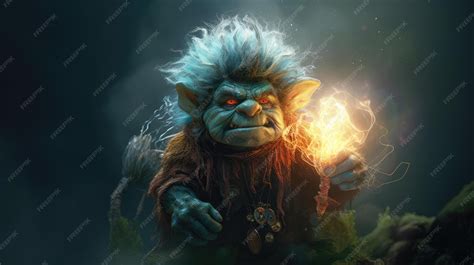 Premium Ai Image Fantastic Small Troll With Big Face And Fireball In