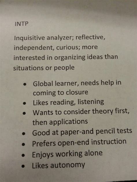 Intp Learning Style I Got This In One Of My Classes Our Teacher Handed