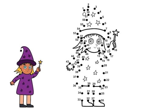 Połącz Kropki Gra Dla Dzieci Połącz Kropki I Narysuj Uroczą Dziewczynę W Stroju Wiedźmy Puzzle