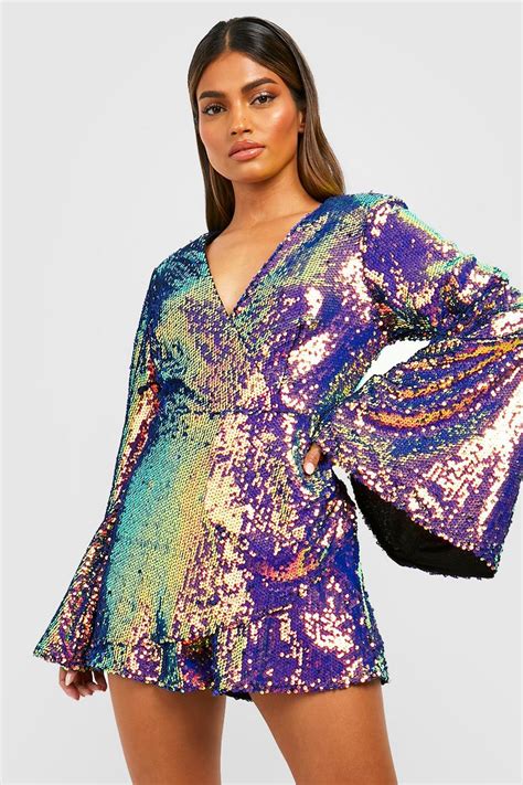 Sequin Flare Sleeve Wrap Romper Boohoo Usa