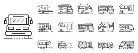 캠핑카 아이콘을 설정 윤곽선 스타일 프리미엄 벡터