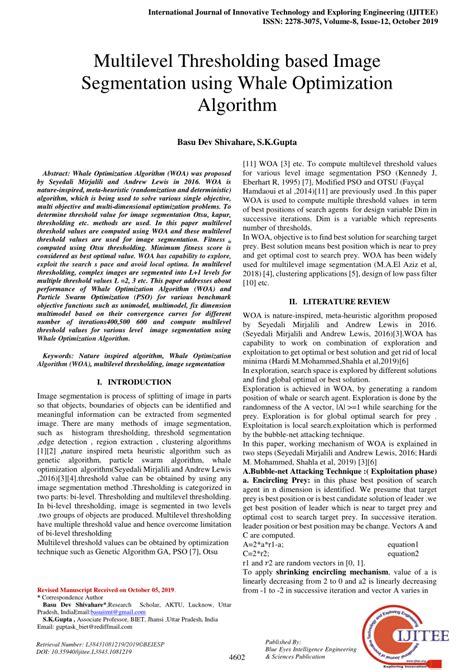 Pdf Multilevel Thresholding Based Image Segmentation Using Whale Optimization Algorithm