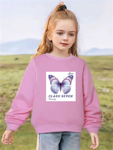 Girls Warm Sweatshirt Class Seven Cartoon Butterfly Graphic Temu